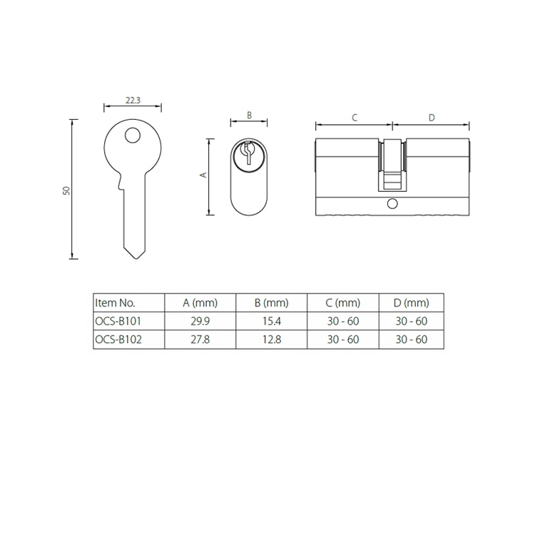 Oval profile cylinder with single cam design OCS-B101, brass material