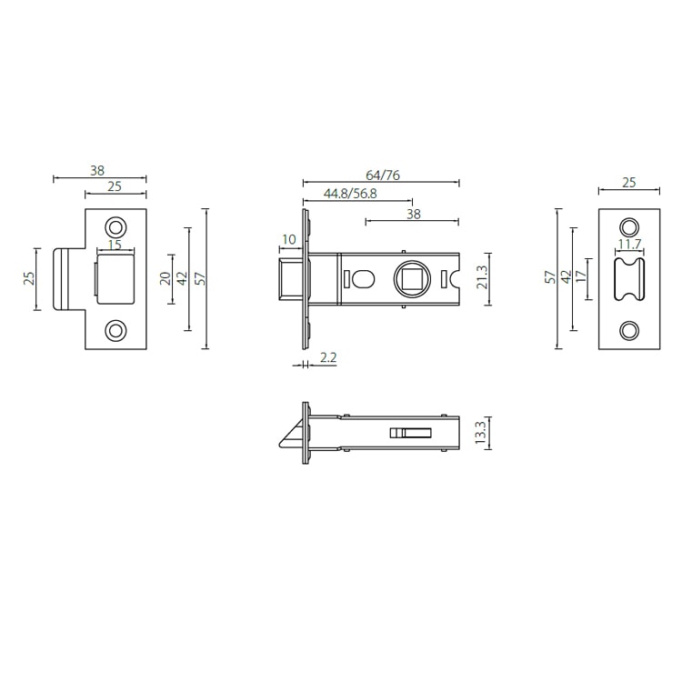 Bolt through tubular latch BTL20, Available in 64mm and 76mm case size