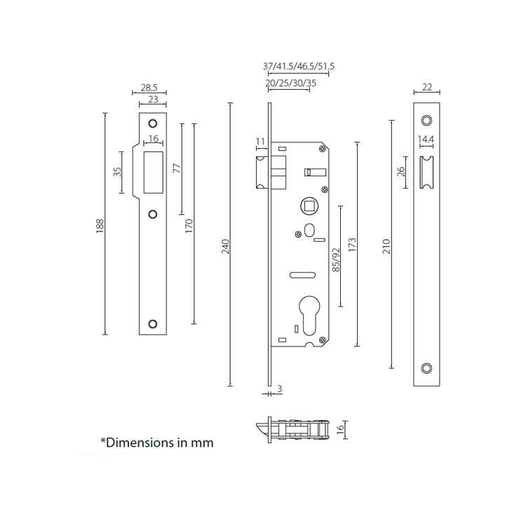 Narrow backset mortise latch lock, Passage Lock, 85/92mm Center