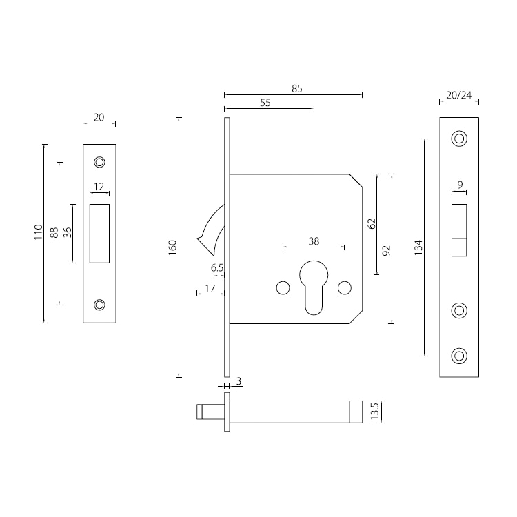 sliding door lock with key cylinder design, MLC106-55,55mm backset