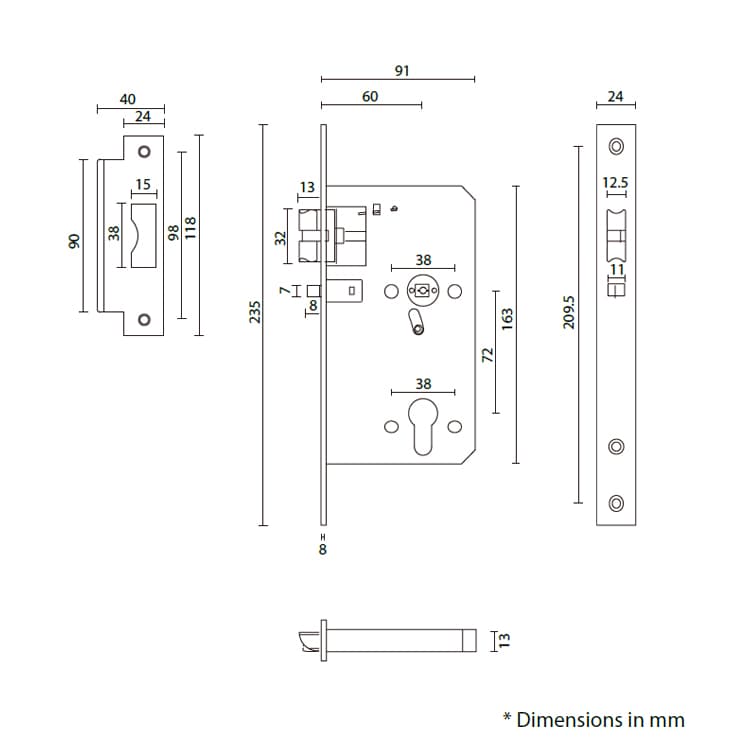 MD107208X mortise classroom lock,60mm Backset